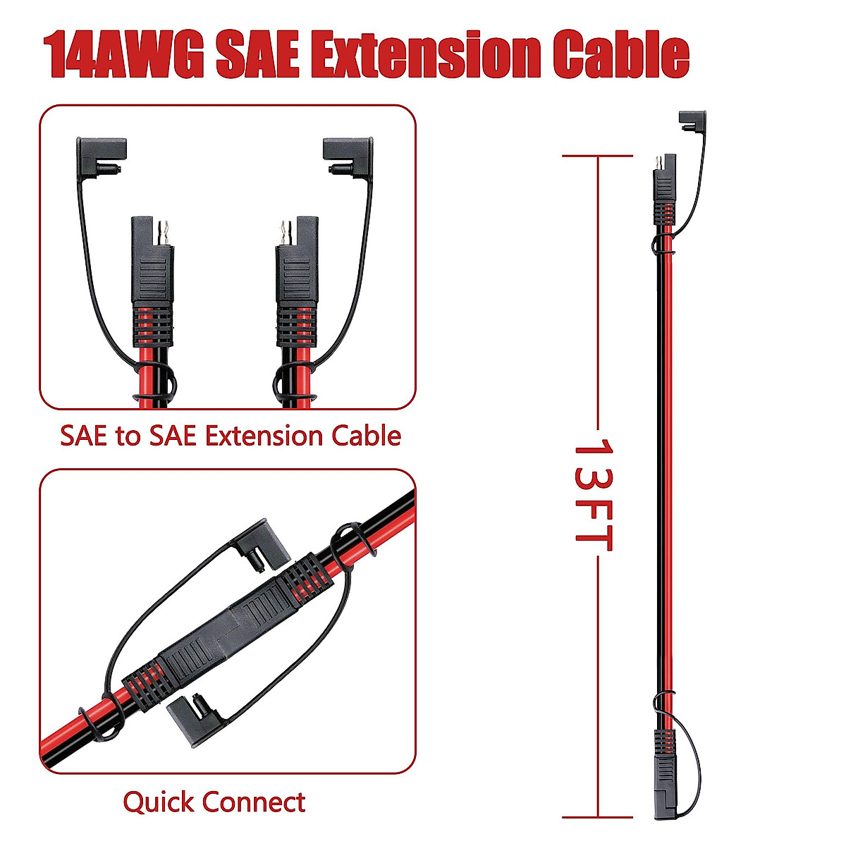 Magiktech 1.6/3.3/6.5/13/25/50 FT SAE to SAE Extension Cable 14AWG,SAE Adapter Cable,SAE Ports Wire for Solar Panel Battery Automotive RV Camp Trailer Tractor (13FT/4M)
