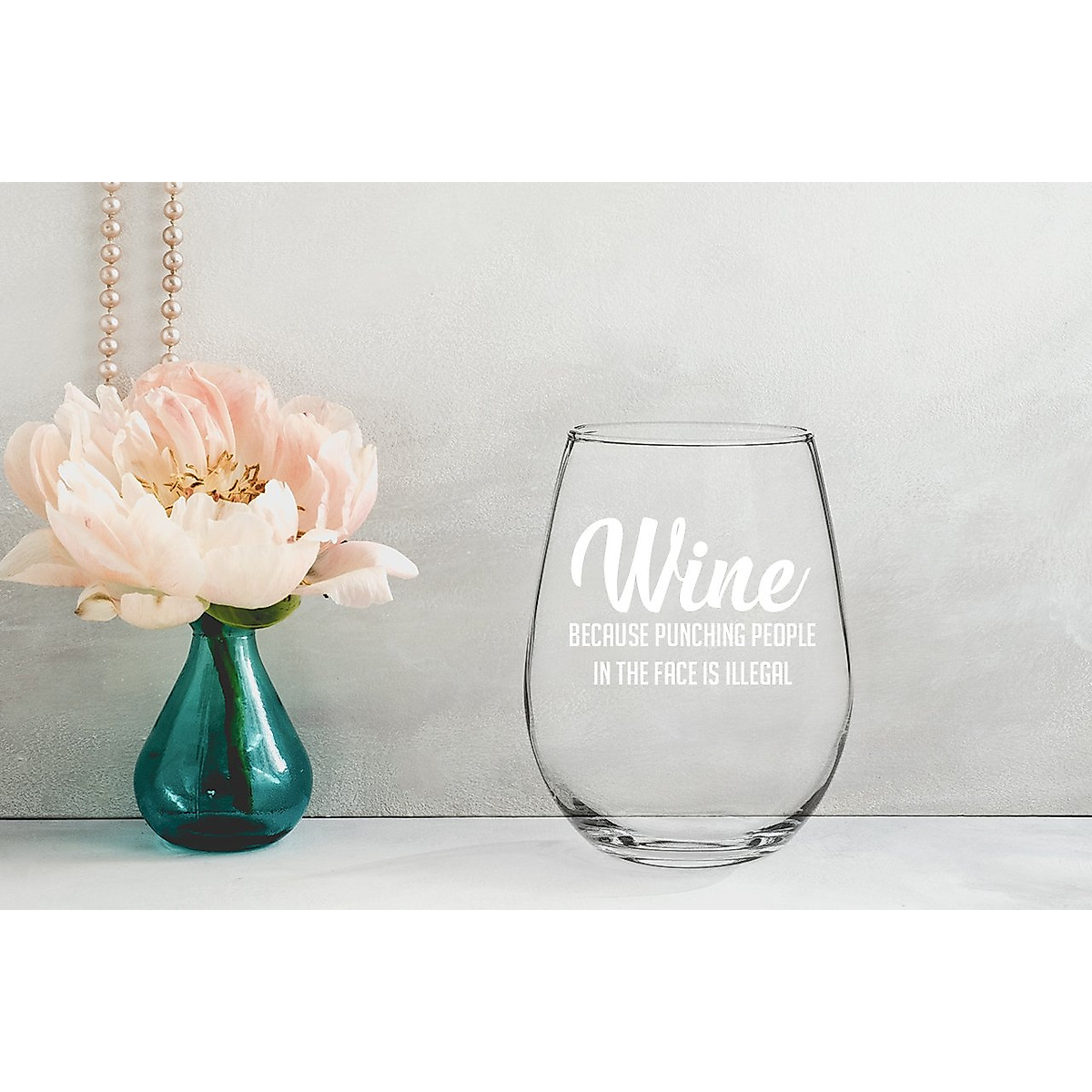 Wine Because Punching People In The Face is Illegal Funny 15oz Glass - Unique Novelty Idea for Him, Her, Mom, Wife, Boss, Sister, Best Friend, BFF - Perfect Birthday Gifts for Coworker