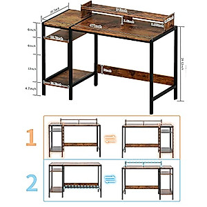 MINOSYS Computer Gaming Desk - 47" Home Office Desk with Storage, Rustic Writing Desk with Monitor Stand, Modern Simple Study Corner Table, Adjustable Storage Space.
