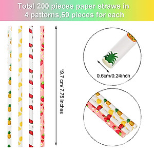 200 Pieces Paper Straws Fruit Pattern Drinking Straws Strawberry Pineapple Orange Paper Straws 7.75 Inches Hawaiian Party Drinking Straws for Cocktail Summer Birthday Luau Party Supplies