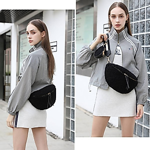 ER.Roulour Small Crossbody Sling Bag for Women Winter Plush Waist Bag Fleece Belt Bag Fanny Pack Purse with Adjustable Wide Strap (BLACK)