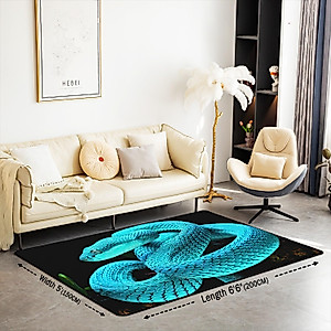 Snake Area Rug 5x7, Scary Animal Rug for Adults Men, Halloween Black Teal Animal Non Shedding Carpet, Horror Farmhouse Wildlife Living Room Rugs