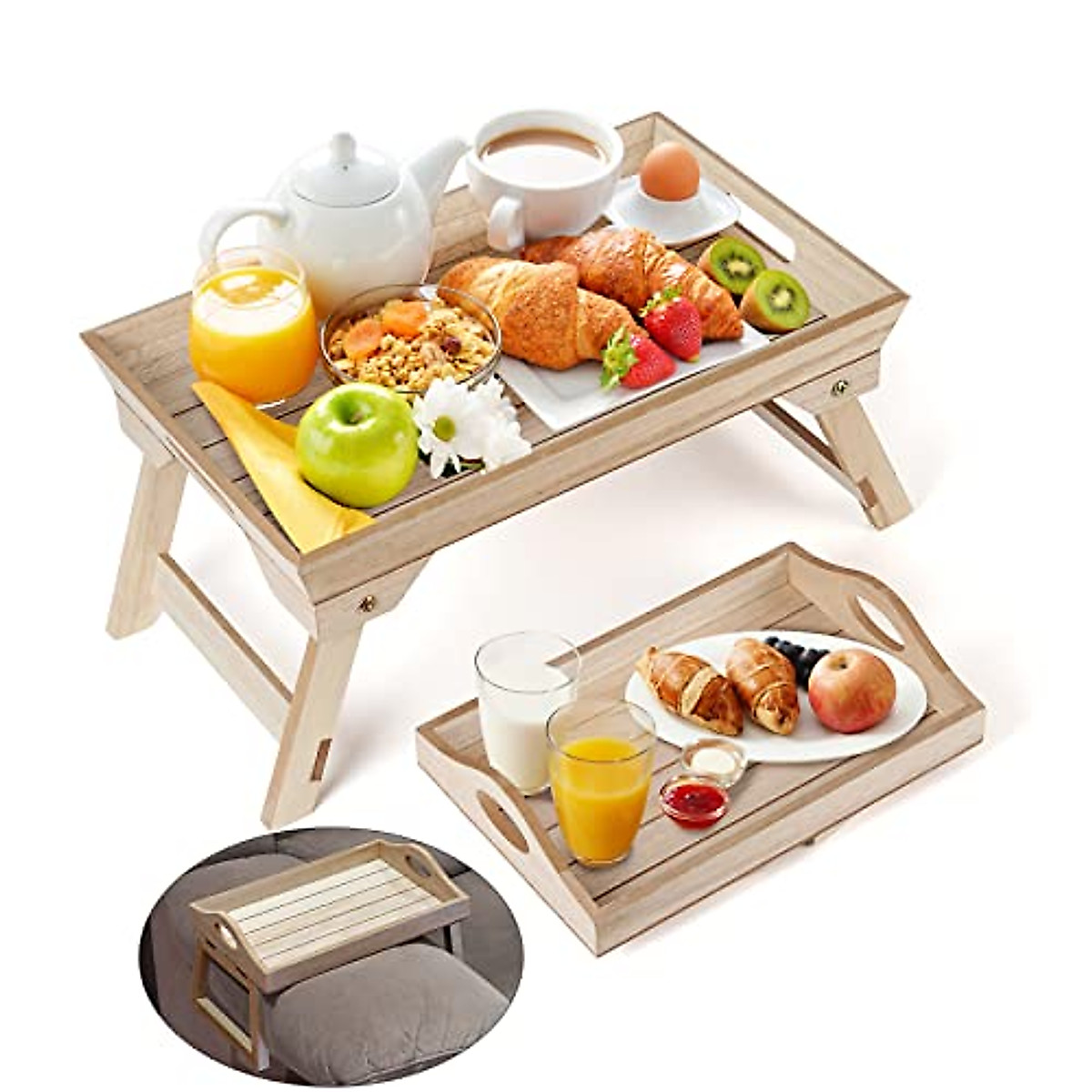 TRSPCWR 2 Pack Bed Tray Table Breakfast Trays with Foldable Legs, Wood Food Dinner Serving Tray for Bedroom, Hospital, Home, Used As Laptop Desk Snack Tray
