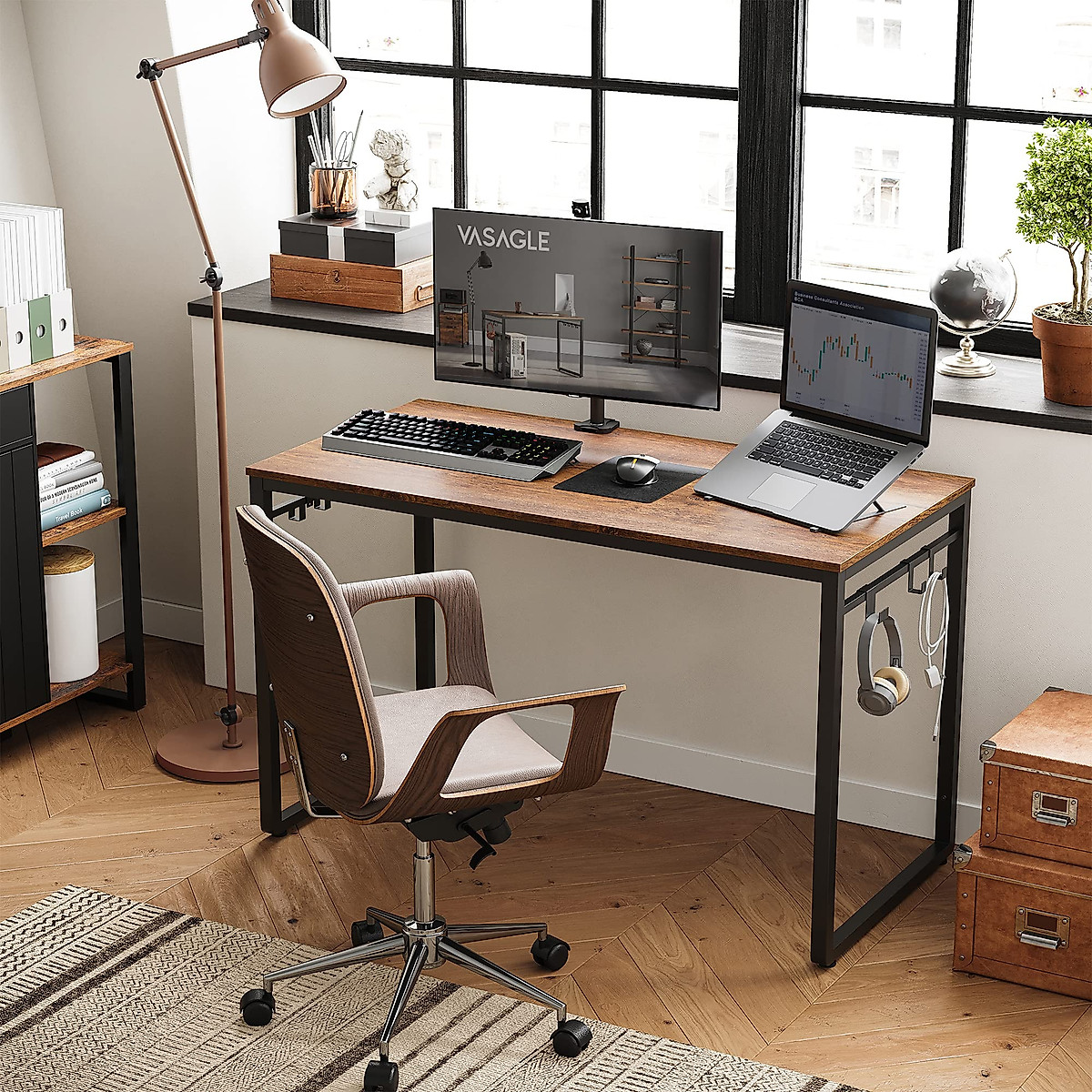 VASAGLE Computer Desk, Office Desk with 8 Hooks, for Study, Home Office, Easy Assembly, Industrial Design, 47.2 x 23.6 x 29.5 Inches, Walnut Brown and Black ULWD058B08