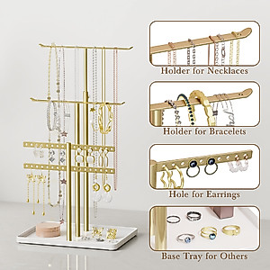 susswiff Jewelry Holder Organizer Stand - Adjustable Jewelry Tree 17.5" Height (Max), Jewlery Hanger for Necklaces, Bracelets, Earrings, Aesthetic for Storage and Display, Metal, Gold and White