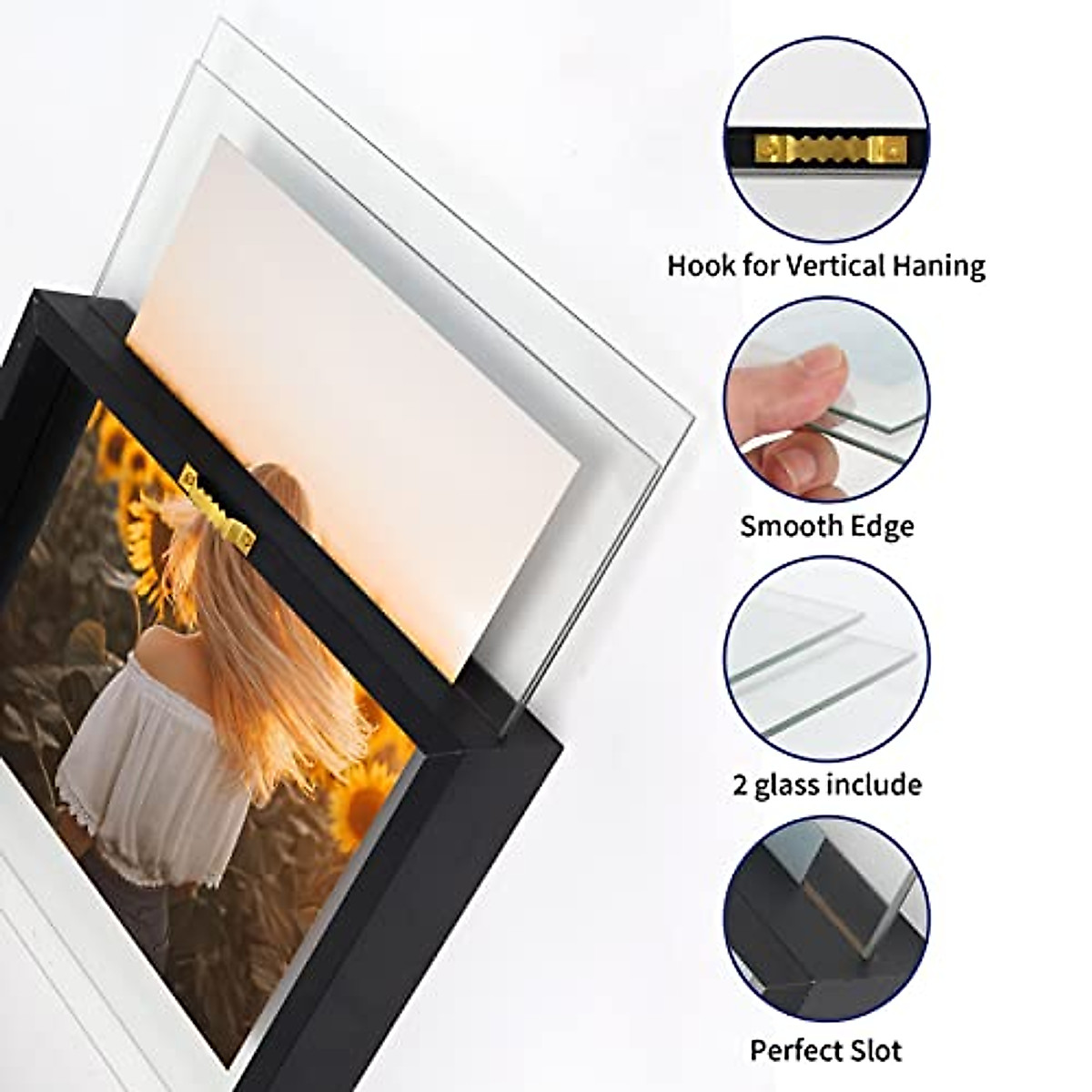 WIFTREY Black 8x10 Floating Picture Frame 2 Pack, Double Glass Distressed Floating Photo Frame for Tabletop or Wall Mount, Displays Photo up to 10x12