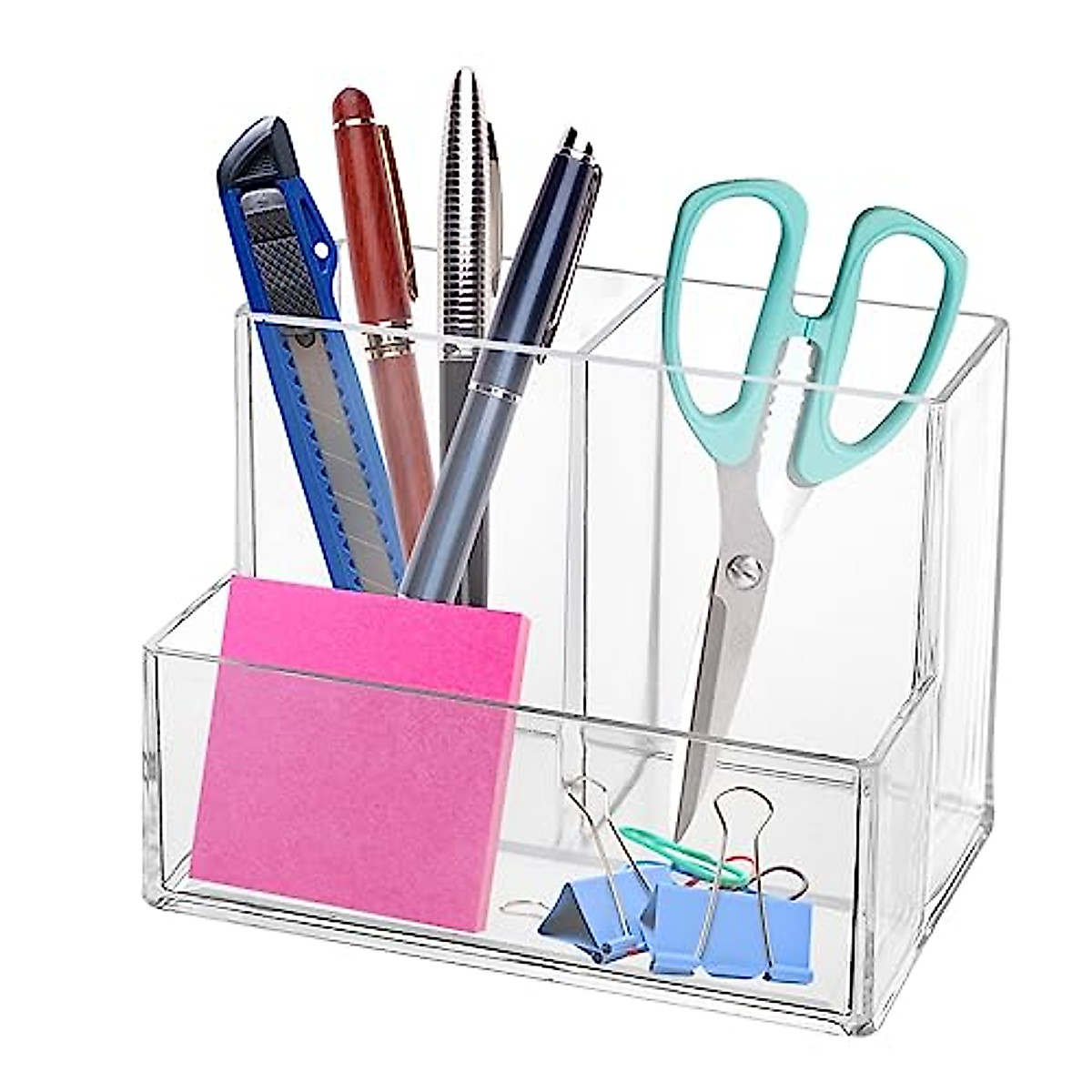 Zbtezna Pen Holder, Clear Acrylic Makeup Brush Holder, Pencil Holder for Desk with Sticky Notes Holder and 3 Compartments, Pencil Organizer for Pen, Art Supply, Makeup Brush(Clear)