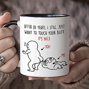 YouNique Designs 10 Year Anniversary Mug, 11 Ounces, Funny 10th Anniversary Coffee Mug for Her and Him, Tenth Year Wedding Anniversary Cup, 10th Wedding Anniversary Mug (Black Handle)