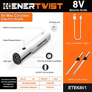 ENERTWIST Cordless Rechargeable Electric Knife 1S Quick Start One-Hand Operation with 4 Stainless Steel Blades and Safety Lock Button, Carving Bread, Meats, Turkey, Crafting Foam