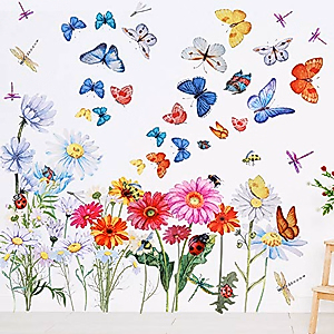 64 Pcs Flowers Butterflies Wall Decals Chrysanthemums Dragonflies Wall Sticker Botanical Peel and Stick Art Removable PVC Garden Decal for Kids Nursery Classroom Bedroom Decor(Colorful)