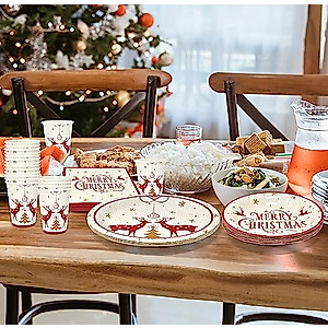Merry Christmas Reindeer Party Supplies Tableware Set 24 9" Dinner Plates 24 7" Plate 24 9 Oz Cups 24 Lunch Napkin for Holiday Xmas Red & Gold Reindeers Tree Disposable Paper Dinnerware Decorations