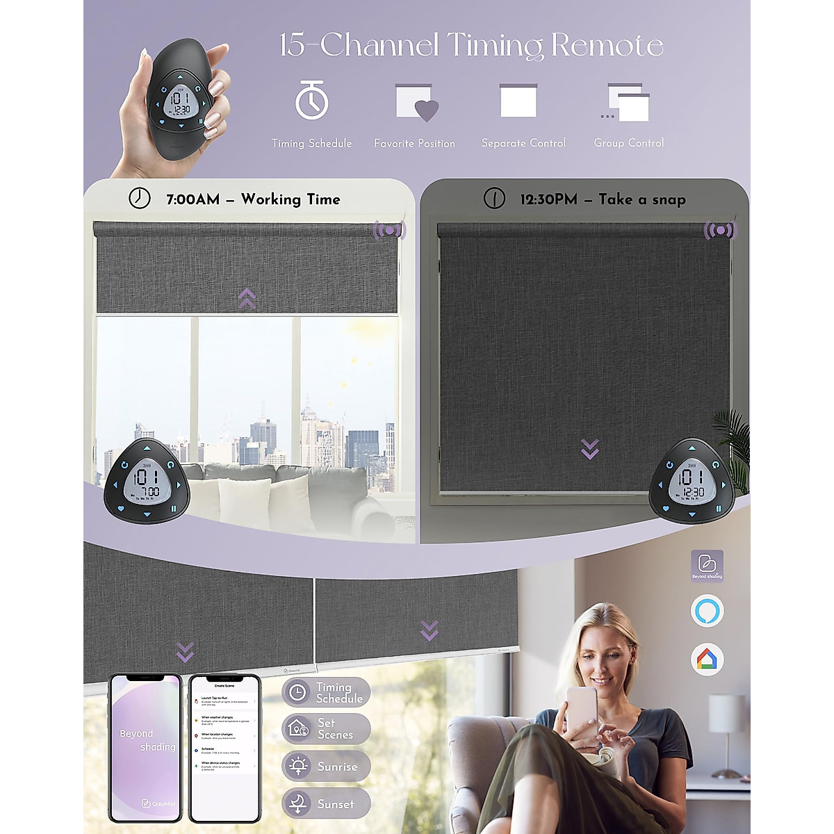 Graywind Motorized Roller Shades Work with Alexa Google Smart Blackout Shades with Remote Insulated Triple Weaved Fabric Window Blinds with Valance for Smart Home Office, Customized Size (Dark Grey)