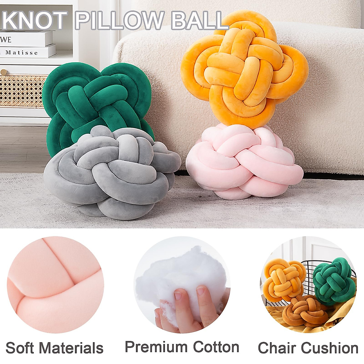 Xiashrk Knot Pillow, Decorative Throw Pillows with Soft Plush for Couch, 12" Knotted Pillows Black Dorm Room Decor Knot Pillow Ball Decorative Cushion for Bed Living Room