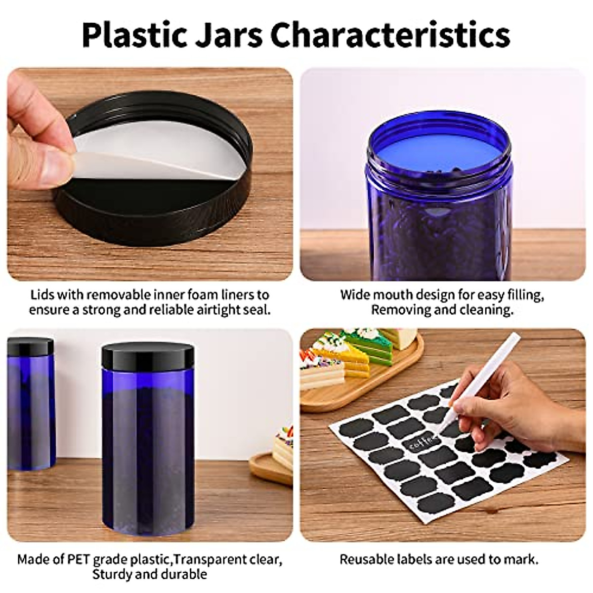 AEGISMILE PLastic jars with lids 32 OZ & 16 OZ 24 Pcs Plastic Storage Jars Containers with Airtight Black Plastic Screw On Lids Large Round Jars Easy Clean for Household and Kitchen Organizing