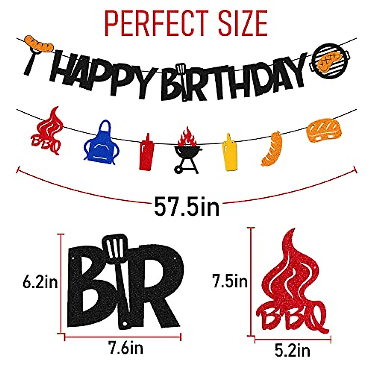 BBQ Happy Birthday Banner for Barbecue Picnic Sauce Grill Sausage Fork Fire Camping Theme Bday Party Supplies Black Glitter Decorations
