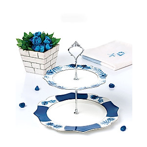 Linlins Fine Bone China 2-Tier Cake Stand/Blue Tropical Plant Cupcake Stand/Pastry Serving Cake Stand