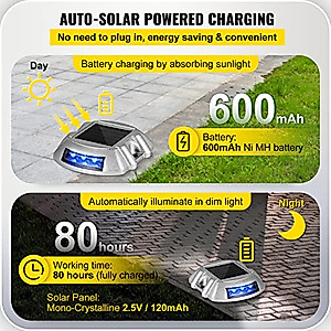 VEVOR Driveway Lights 16-Pack, Solar Driveway Lights with Switch Button, Solar Deck Lights Waterproof, Wireless Dock Lights 6 LEDs for Path Warning Garden Walkway Sidewalk Steps, LED Bright Blue