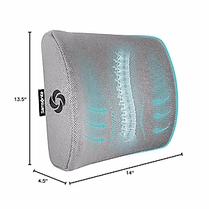 Samsonite SA5244 Ergonomic Lumbar Support Pillow Helps Relieve Lower Back Pain 100% Pure Memory Foam Improves Posture Fits Most Seats Breathable Mesh Washable Cover Adjustable Strap