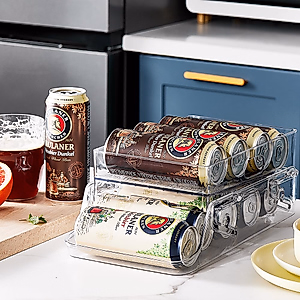 ROWNYEON Rolling Refrigerator Organizer Bins， Pop Soda Can Dispenser with Lid for Fridge, Pantry, Freezer， Beverage Holder，Canned Food Organizer – holds up to 11 tall and slim skinny cans