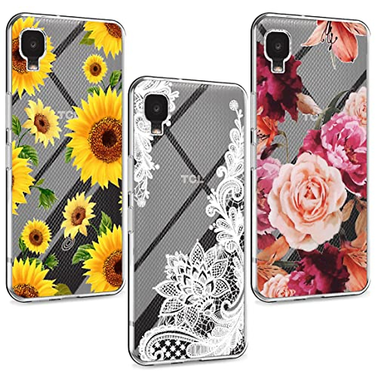 YJROP (3-Pack) for Alcatel TCL A3 A509DL/for TCL A30 Case, Soft Clear TPU [Scratch-Resistant] Drop Silicone Bumper Protection Shockproof Phone Case Cover for Alcatel TCL A3 A509DL,Flower