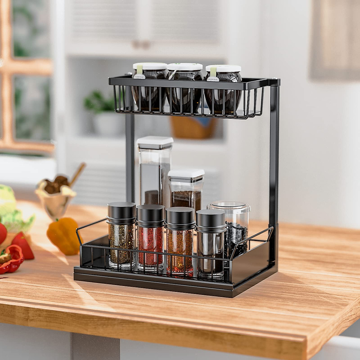 KINGPOUL under sink organizers and storage-2Tier organization and storage Slide Out Pull Out cabinet organizer Drawers L-Shape Under Kitchen Bathroom Sink Organizers and Storage(Black)