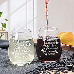 Sister in Law Gifts, Stemless Wine Glass for Sister in Law Sister Women Birthday Bride Bridal Shower Engagement Party Wedding Christmas, Funny Wine Gifts, 15Oz