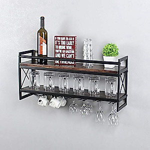 OISSIO Industrial Stemware Rack,Wine Rack Wall Mounted with Wood Shelves,2 Tier Stemware Storage with 7 Stem Glass Holder for Wine Glasses,Mugs,Home Decor,Retro Black(30 inch)