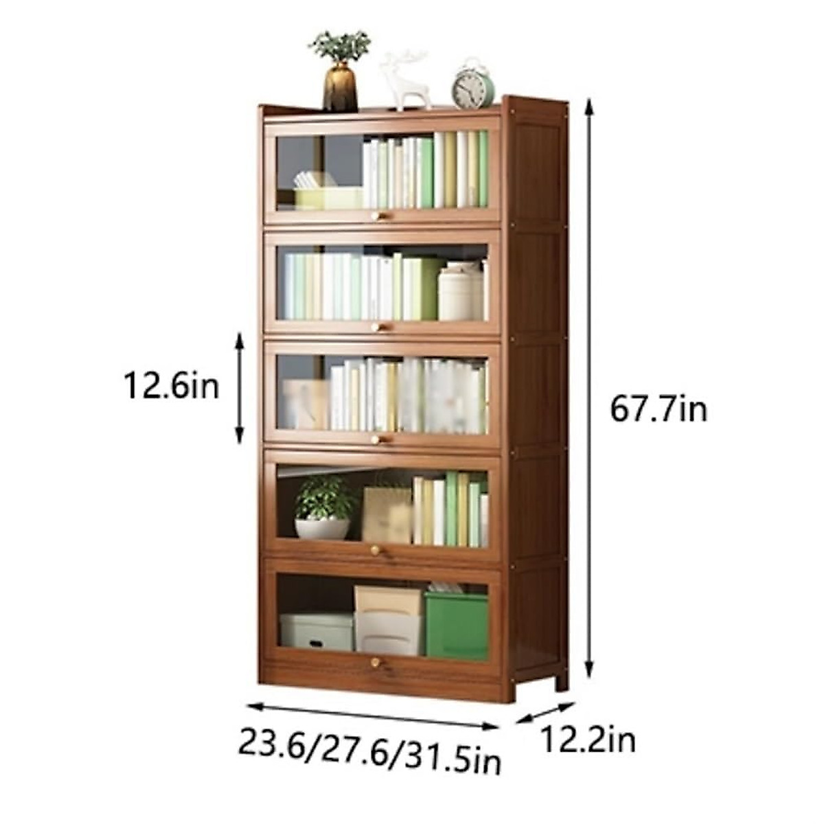 Modern 5 Tier Bookcase with Flip Door, Rectangle Shelves with Closed Back Panels, Tall Bookshelf, Storage Organizer Shelves for Bedroom, Living Room, Office, Kitchen(Gray,23.6*12.2*67.7in)