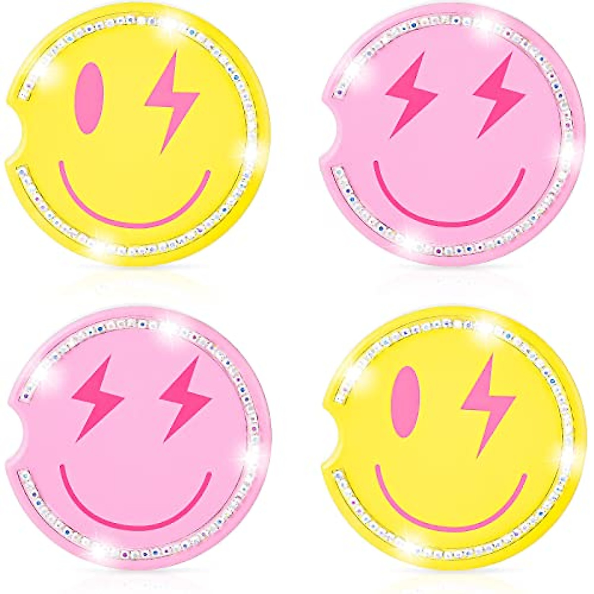 4 Pcs Preppy Car Cup Holder Coasters Pink Bling Car Coasters with Finger Notch Ceramic Cork Base Cute Car Drink Coasters Aesthetic Car Auto Accessories for Women Girl College Student Anti Slip