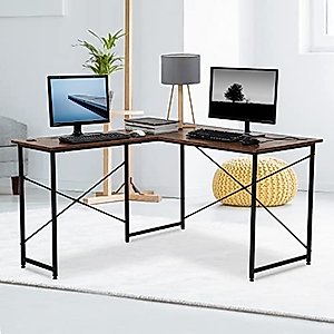 Lucky Shop L-Shaped Desk 47" Corner Computer Desk, Gaming Table with Sturdy X Leg, Adjustable Wood PC Desk, Modern Ergonomic Racing Style Study Desk Workstation, Space-Saving for Home Office, Brown
