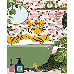 Bathtub Jungle Animal Paint By Bumbers For Adults Beginner Bathroom Tiger DIY Paint by Numbers Acrylic Paint Canvas Pink Flower Bedroom Decor Painting Kits Pink House Art 20x16 Inch （Without Frame ）