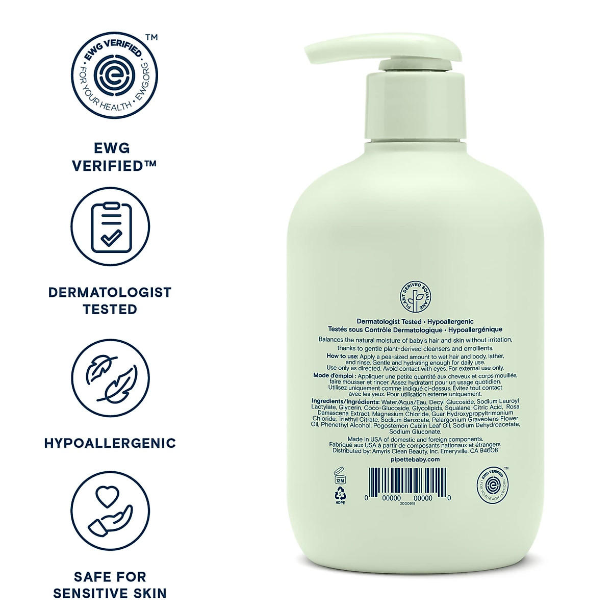 Pipette Baby Shampoo and Body Wash - Fragrance Free, Tear-Free Bath Time, Hypoallergenic, Moisturizing Plant-Derived Squalane, New Formula, 11.8 fl oz
