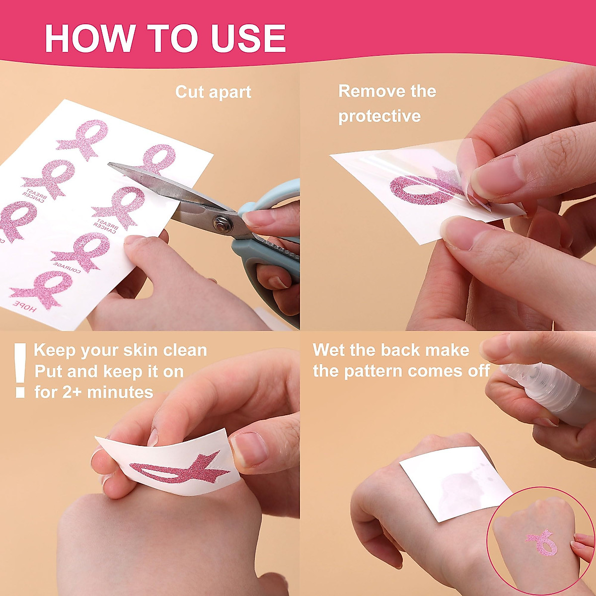 30 Sheets/240 Pcs Breast Cancer Awareness Tattoos Stickers- Pink Ribbon Temporary Tattoos- Waterproof Breast Cancer Glitter Fake Tattoos for Women Girls Fundraising Event Party Face Body Tattoos