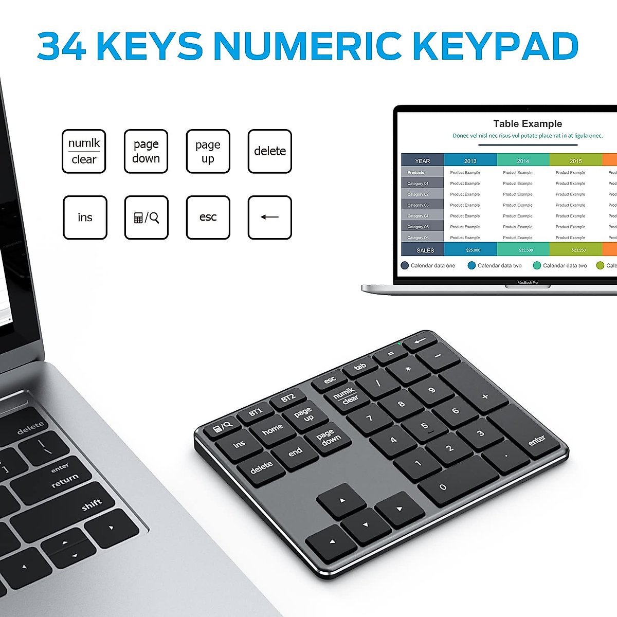iClever Number Pad, Aluminum Wireless Number Pad for Multi Devices, USB-C Rechargeable, External 34-Keys Bluetooth Keyboard for Data Entry, Compatible for Laptop, Mac, iMac, Tablet, PC Desktop