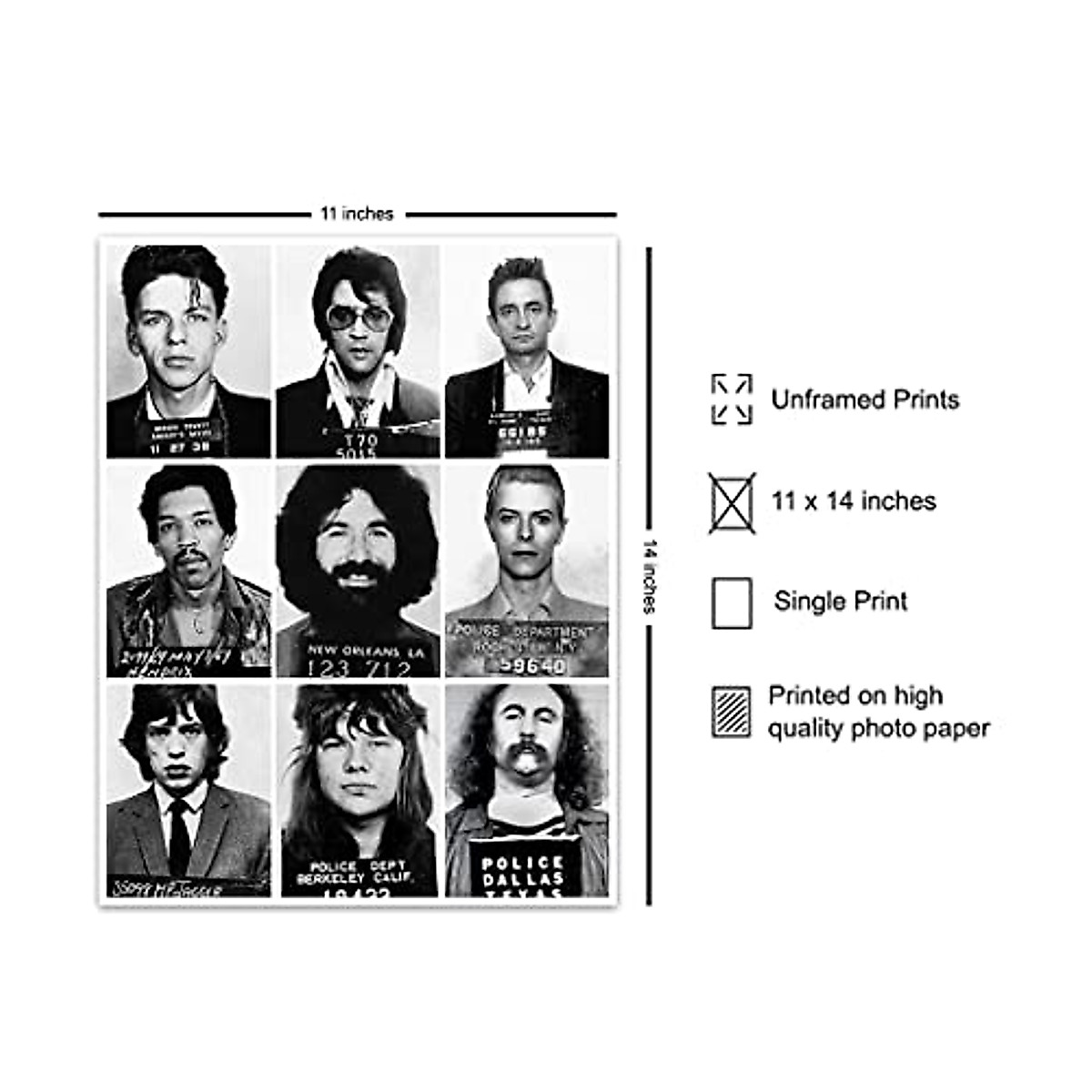Bowie, Elvis, Johnny Cash, Jerry Garcia, Jimi Hendrix, Mick Jagger, Frank Sinatra, David Crosby, Janice Joplin Musicians Mugshots Photo - LARGE 11x14 - Music Gifts - Wall Art Home Decor Poster Prints