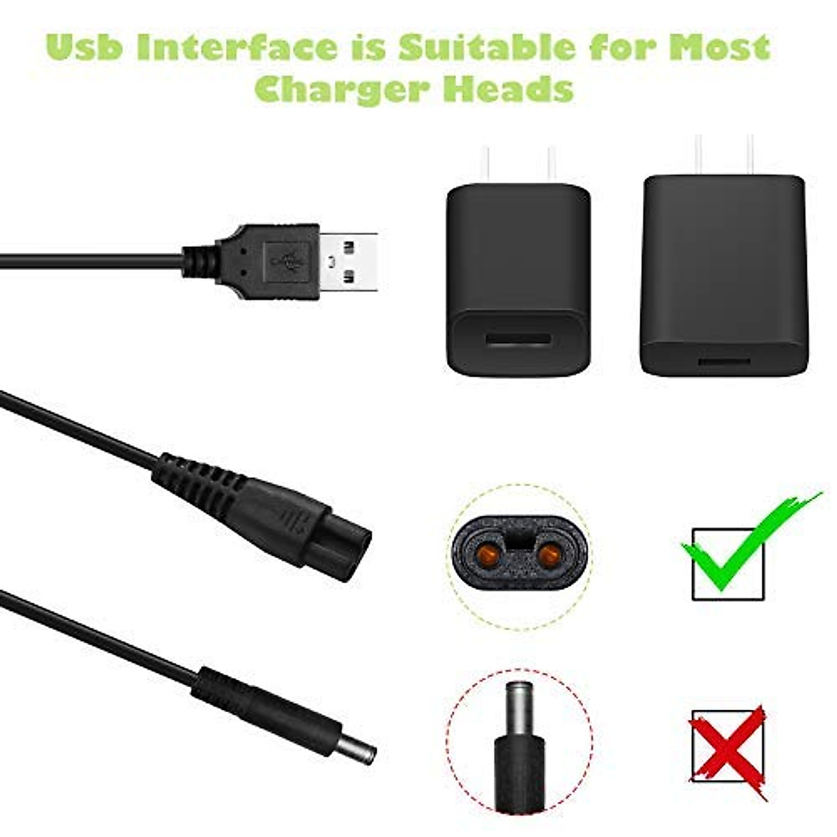 Honoson Head Shaver Power Cord Replacement Electric Shaver Charger Razor Cord USB Cable Charging Data Line and 5 Pieces Cleaning Brush Clipper Compatible and Reliable