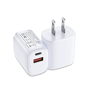 USB C Wall Charger Block 20W, 2-Pack Dual Port Power Delivery USB-C USB A Fast Charging Block, PD & QC 3.0 Type C Adapter for iPhone 14/13/12/11/Pro Max, iPad Pro, AirPods Pro, Samsung & More (White)