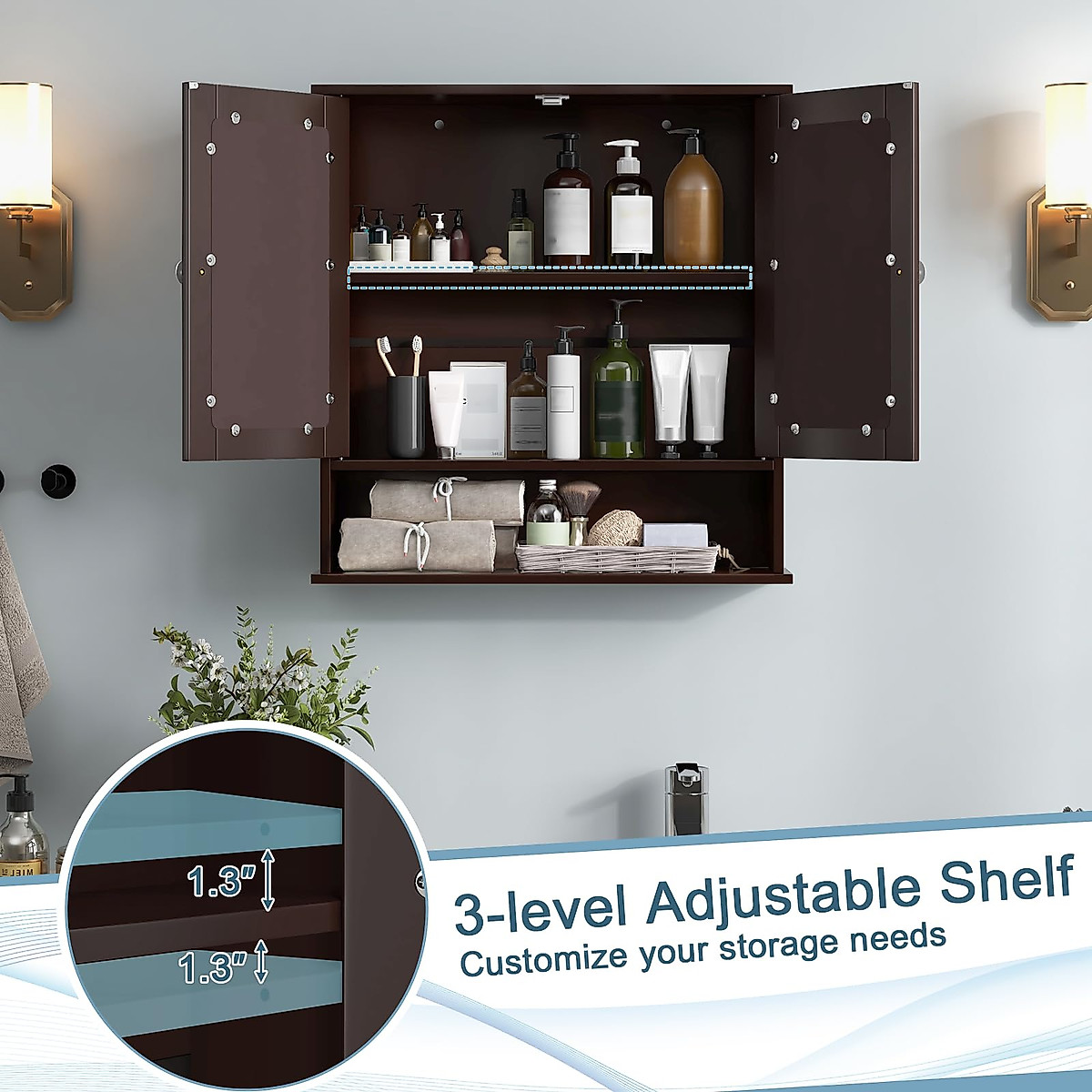RELAX4LIFE Wall Bathroom Cabinet with Mirror - Wood Over The Toilet Storage Cabinet Space Saver w/2 Doors, Adjustable Shelf & Open Compartment, Modern Wall Mount Medicine Cabinet (Brown)