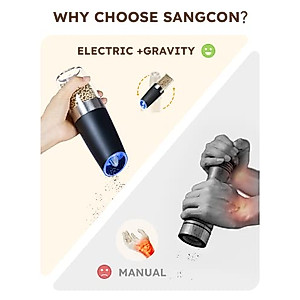 Gravity Electric Pepper and Salt Grinder Set, Sangcon Automatic Pepper and Salt Mill Grinder Battery Powered with LED Light, Adjustable Coarseness, One Hand Operation, Upgraded Larger Capacity, 2 Pack