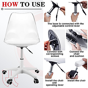 1 Pack Clear Rolling Desk Chair Acrylic Desk Chair Height Adjustable Home Vanity Chair Swivel Plastic Clear Chair with Wheels Acrylic Office Chair for Small Space Home Office(Clear, White)
