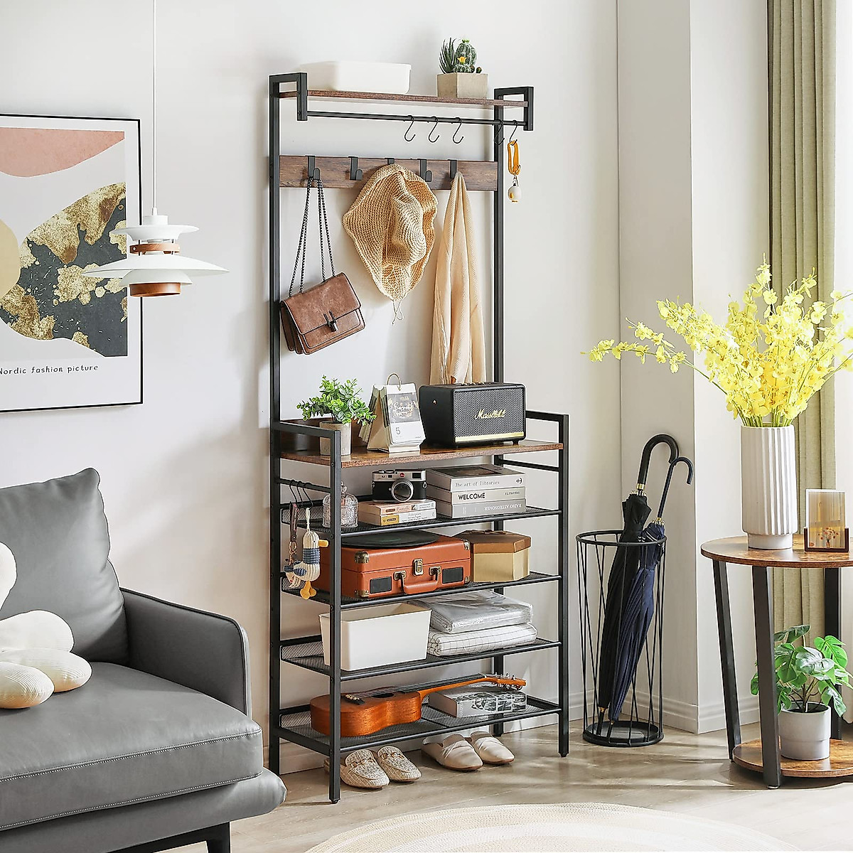 IBUYKE Coat Rack Shoe Rack, 4 in 1 Multi-Function Hall Tree with Slant Adjustable Shoe Storage, 5-Tier Storage Shelf and 9 Hooks Removable, Industrial Accent Furniture for Entryway, UTXJ008H