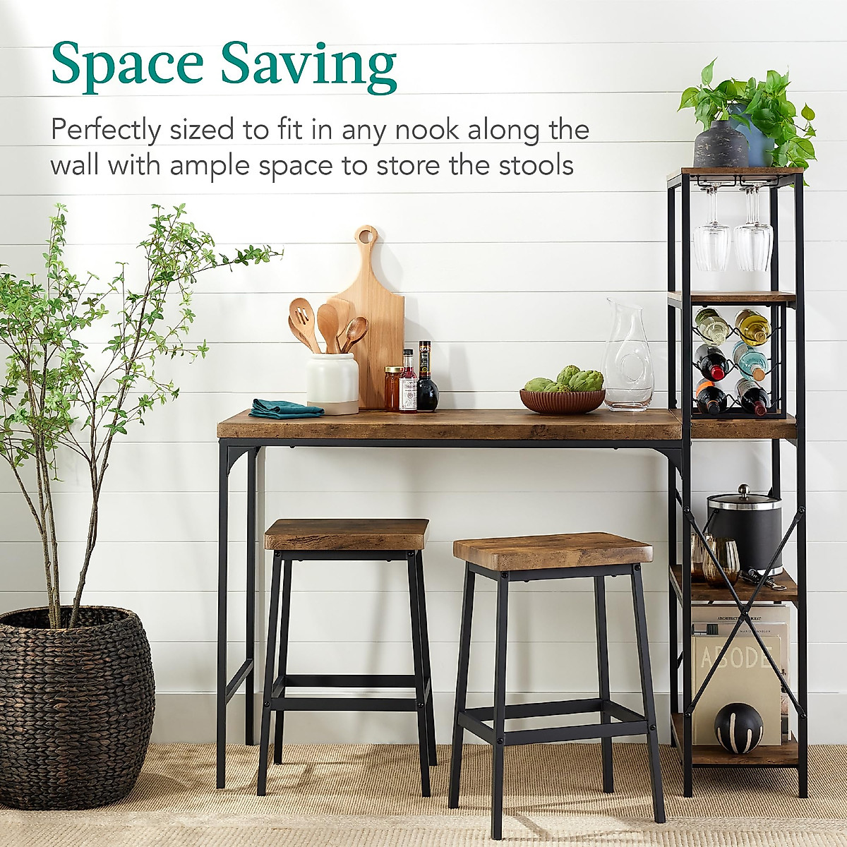 Best Choice Products 3-Piece Counter Height Dining Set, Desk, Bar, Kitchen Island Table w/ 2 Stools, Wine Rack & Storage Shelves - Brown