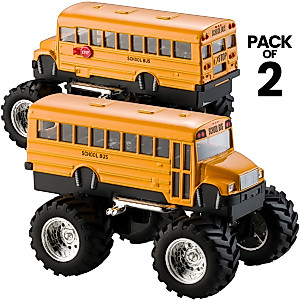 Bedwina Die Cast Yellow School Bus - 2 Pack Set Monster Truck School Bus, Pull Back Car Toys, Play Vehicles and Gifts for Kids Great for Party Favors, Stocking Stuffers
