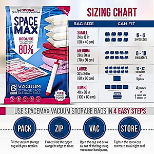 Jumbo 6 Pack | SPACE MAX Premium Space Saver Vacuum Storage Bags - Save 80% More Storage Space - Reusable, Double Zip Seal & Leak Valve, Includes Travel Hand Pump