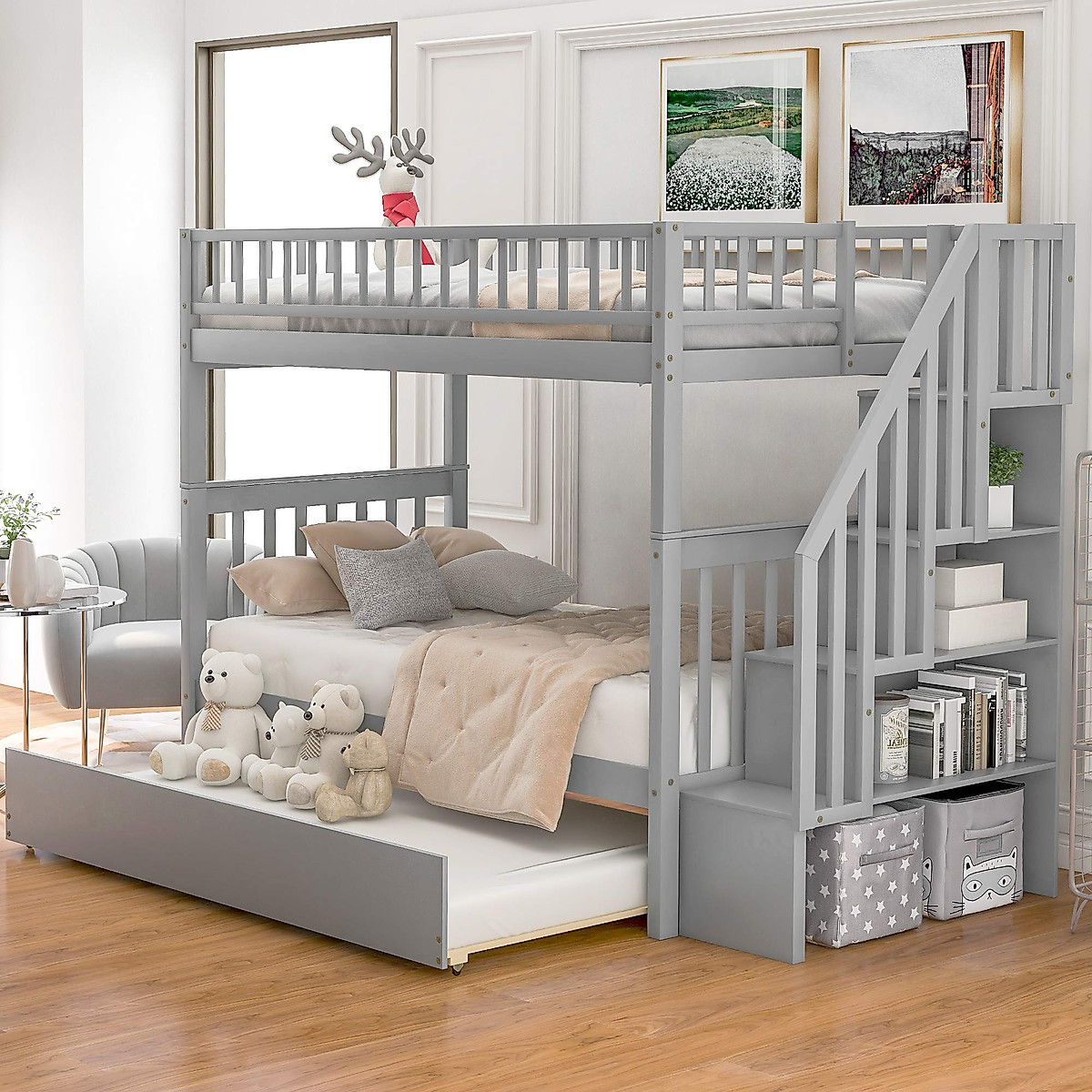 Harper & Bright Designs Bunk Beds Twin Over Twin Size, Solid Wood Bunk Bed with Trundle for Kids and Toddler (Grey Bunk Beds with Trundle)