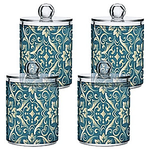 WELLDAY Apothecary Jars Bathroom Storage Organizer with Lid - 14 oz Qtip Holder Storage Canister, Baroque Damask Teal Clear Plastic Jar for Cotton Swab, Cotton Ball, Floss Picks, Makeup Sponges,Hair C