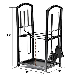 Home-it Firewood Rack - 2-Tier Outdoor Firewood Holder - 4 Hanging Hooks For Fireplace Tools Set, Poker, Tongs - Waterproof, Rust-Proof Steel Pipe Log Holder with Black Powder Coat Finish - 17x12x29