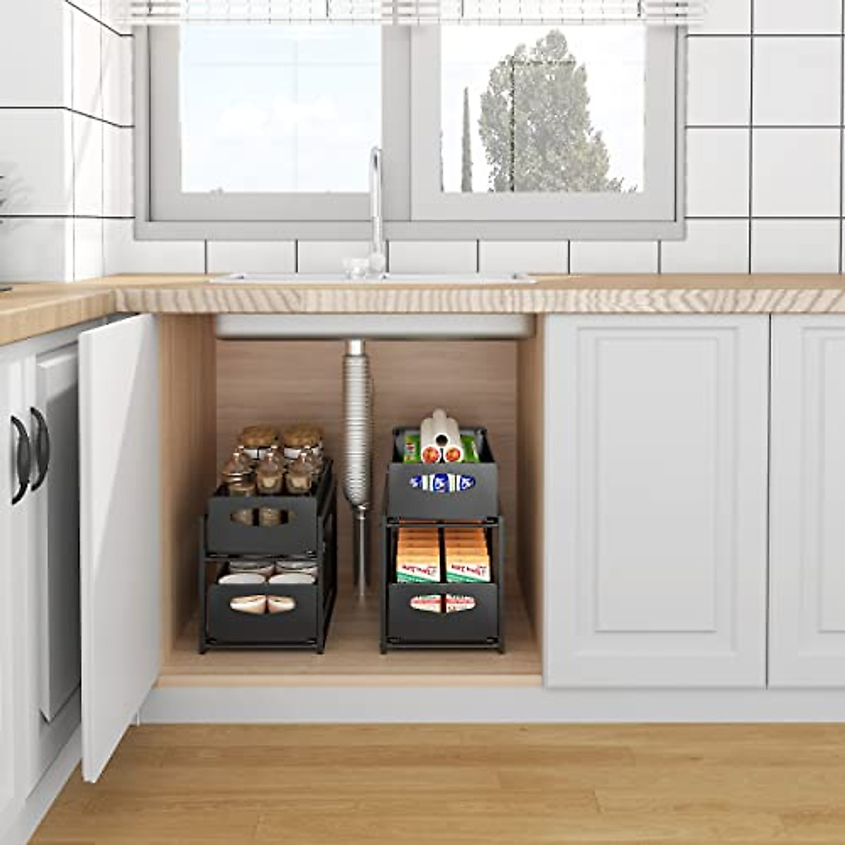 2 Pack Pull Out Under Sink Cabinets Organizer,Adjustable Sliding Organizer,Stackable Under Sink Storage Shelf for Kitchen Bathroom,Home Gift Ideas