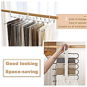 WAOU Massy Pants Hangers Multi-Layer Hanging Pants 5 in 1 Pants Rack Stainless Steel Pants Hangers Folding Storage Rack Space Saver Storage for Trousers Scarf Tie Belt Adjustable(2 Pack)