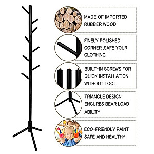 YEVONNIE Solid Wood Coat Rack, Free Standing Coat Rack, Tree-Shaped Coat Rack with 8 Hooks,3 Adjustable Size,for Clothes, Hats, Bags, for Living Room, Bedroom, Home Office,(6183black)